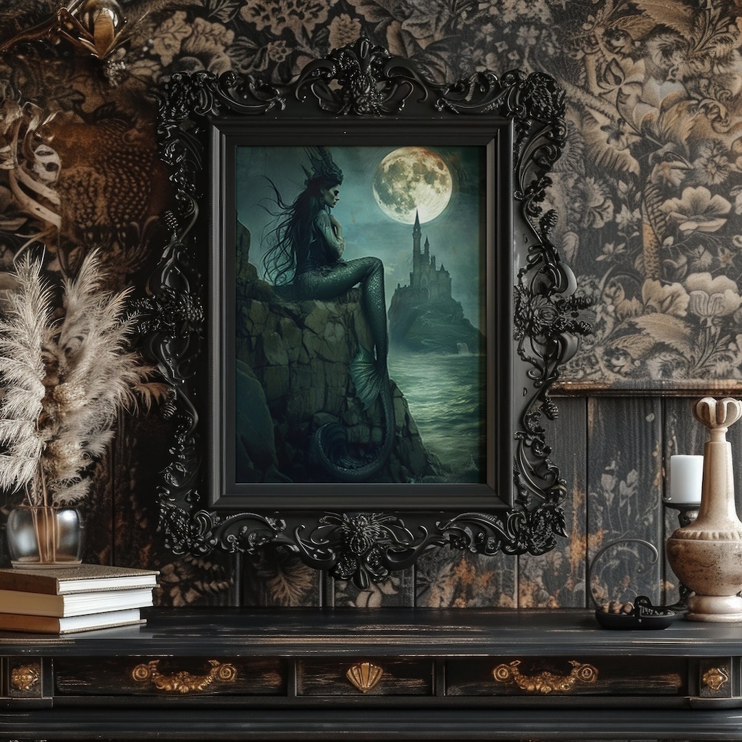 Gothic Mermaid Dark Siren Queen Full Moon Castle Vintage Painting, Goth ...