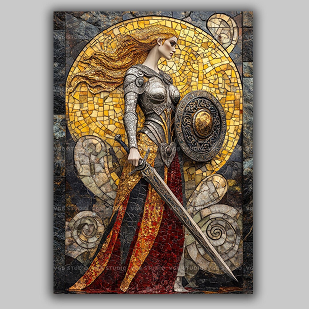 Freya Norse Goddess of Love War and Magic, Mosaic Valkyrie With Sword and Shield, Viking Warrior ...