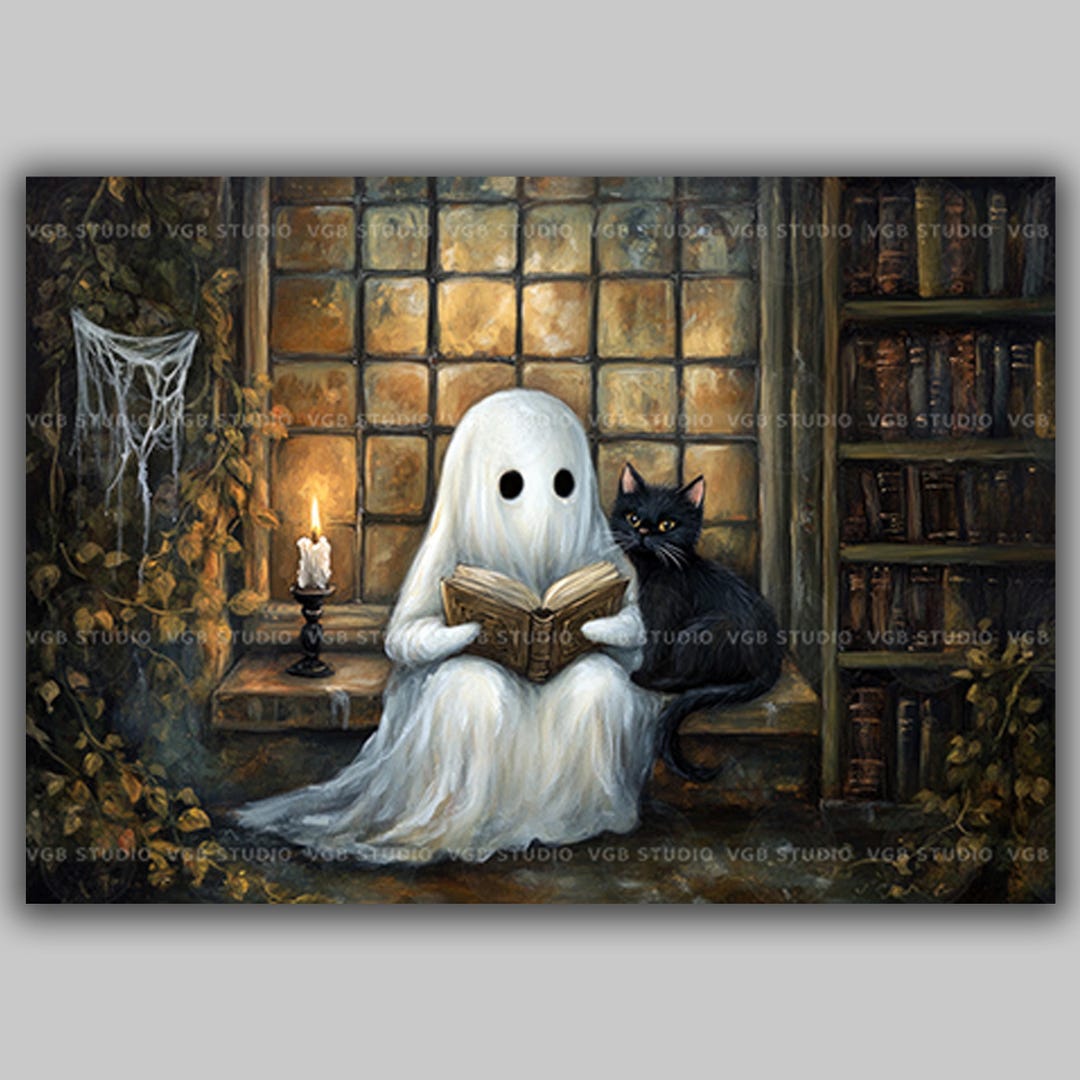 Ghost Reading Book Art Print Black Cat Halloween Library Decor Cozy ...