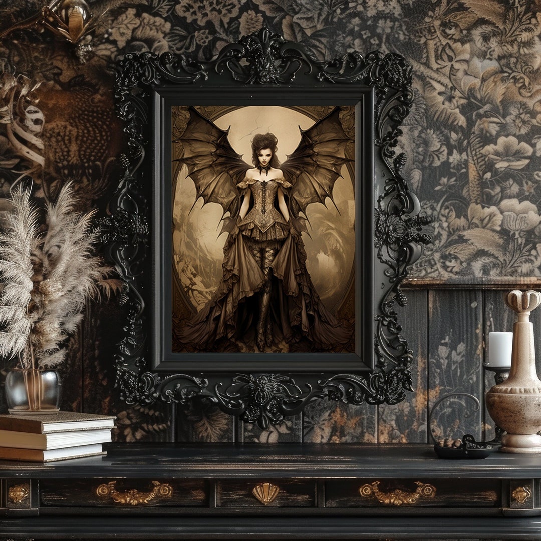 Bat Woman Gothic Illustration Print Victorian Vampire Woman Moody Wall Art, Vintage Print, Dark ...