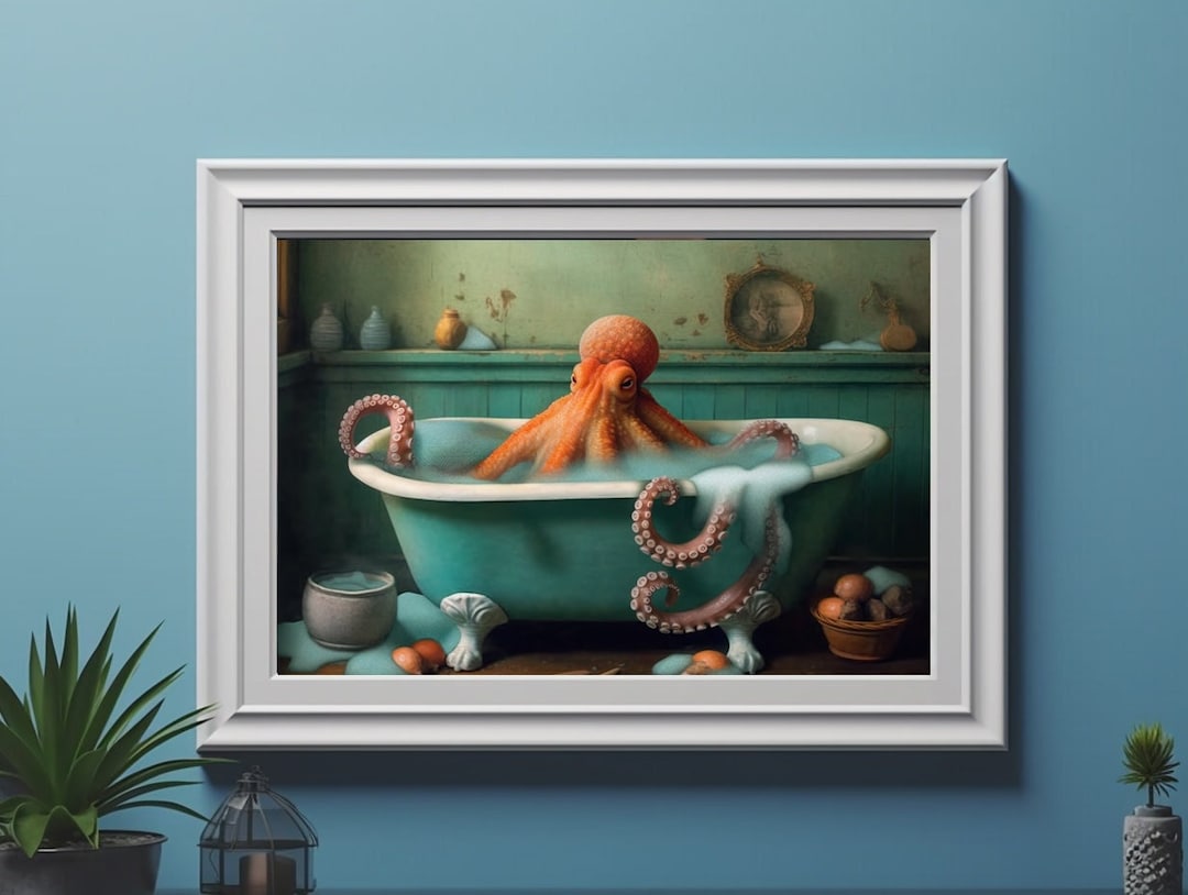 Octopus Print Bathroom Art, Fine Art Giclee, Vintage Painting Wall Art ...