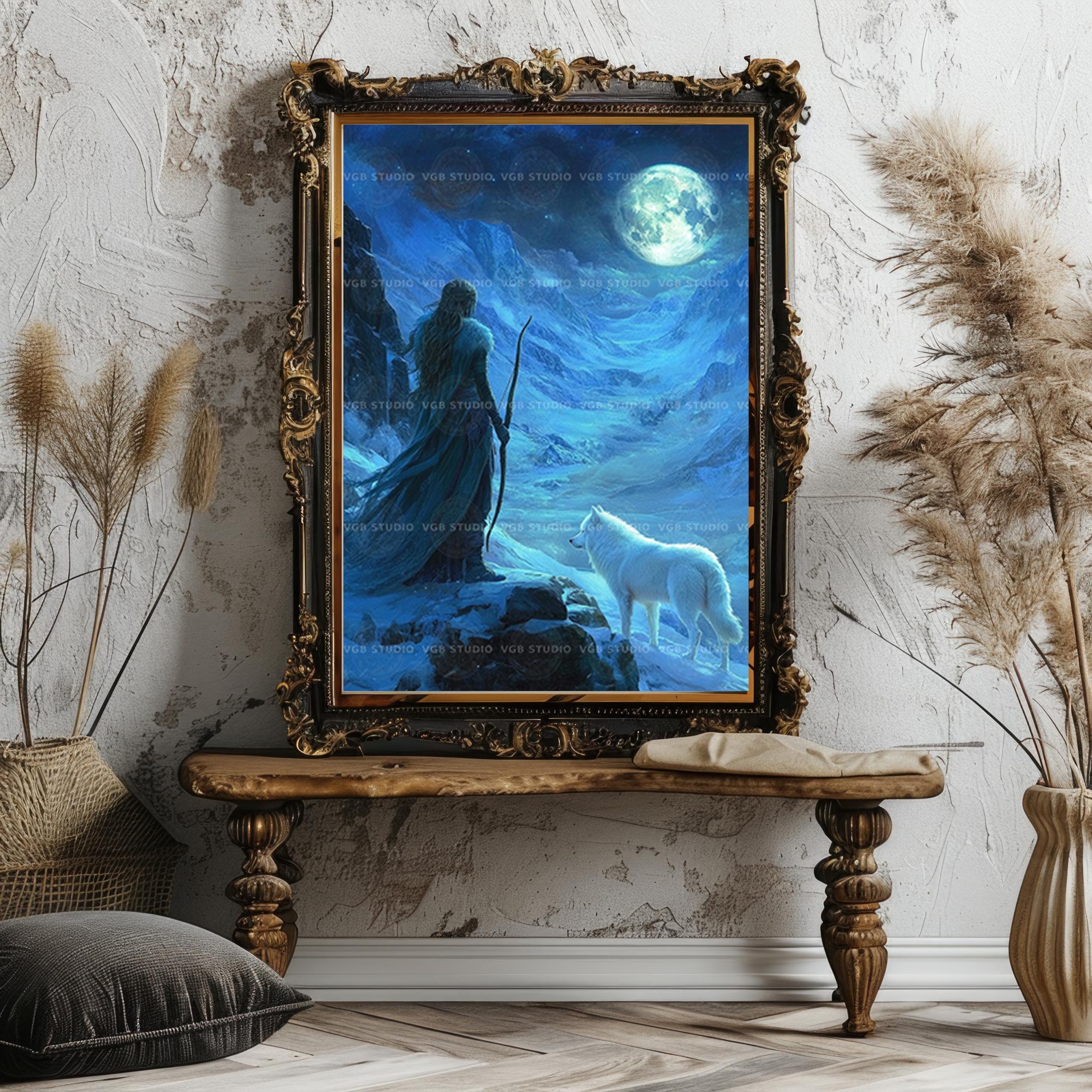 Skadi Goddess Art Print | Norse Winter Warrior With White Wolf Moon ...