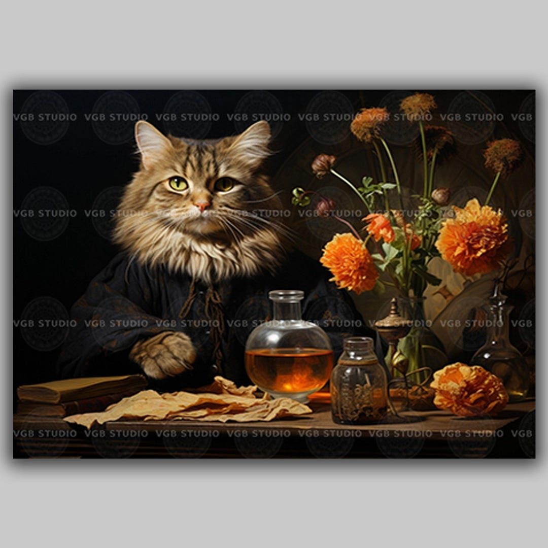 Cat Alchemist Art Print Whimsical Animal Wall Decor Vintage Botanical ...