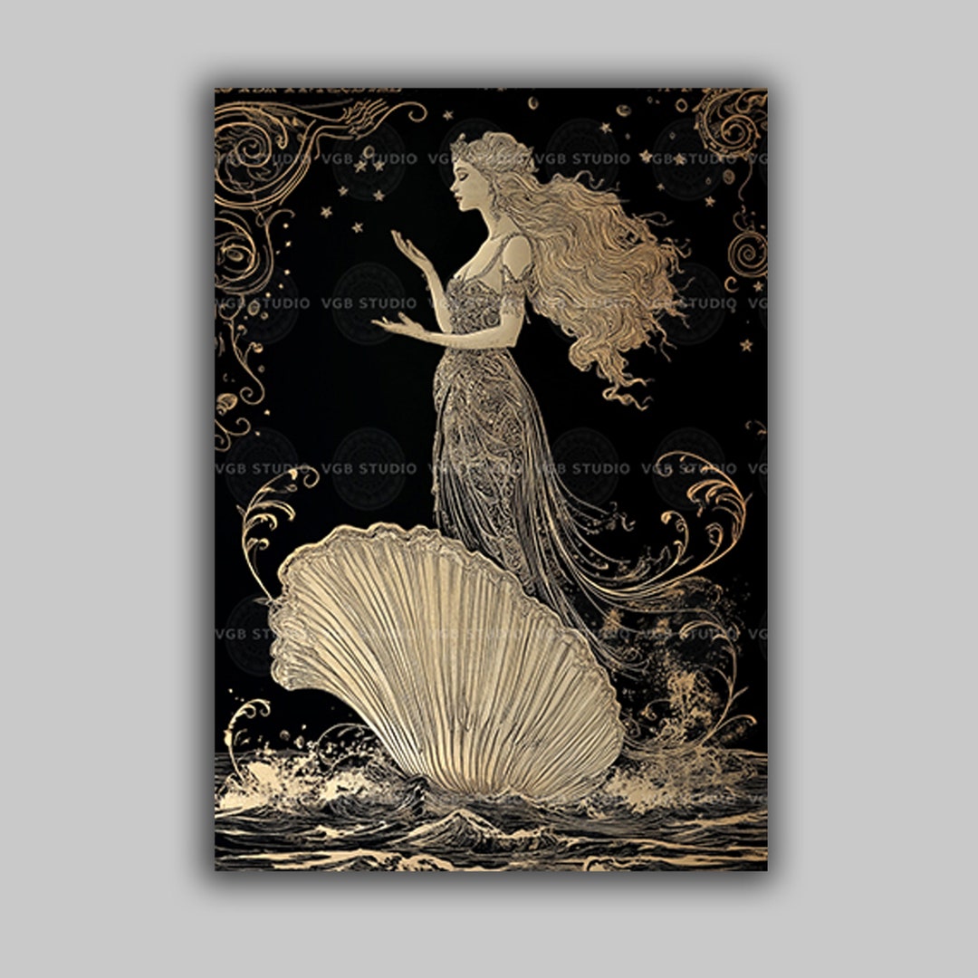 Aphrodite Rising From the Sea Elegant Fantasy Art Print in Golden Tones ...
