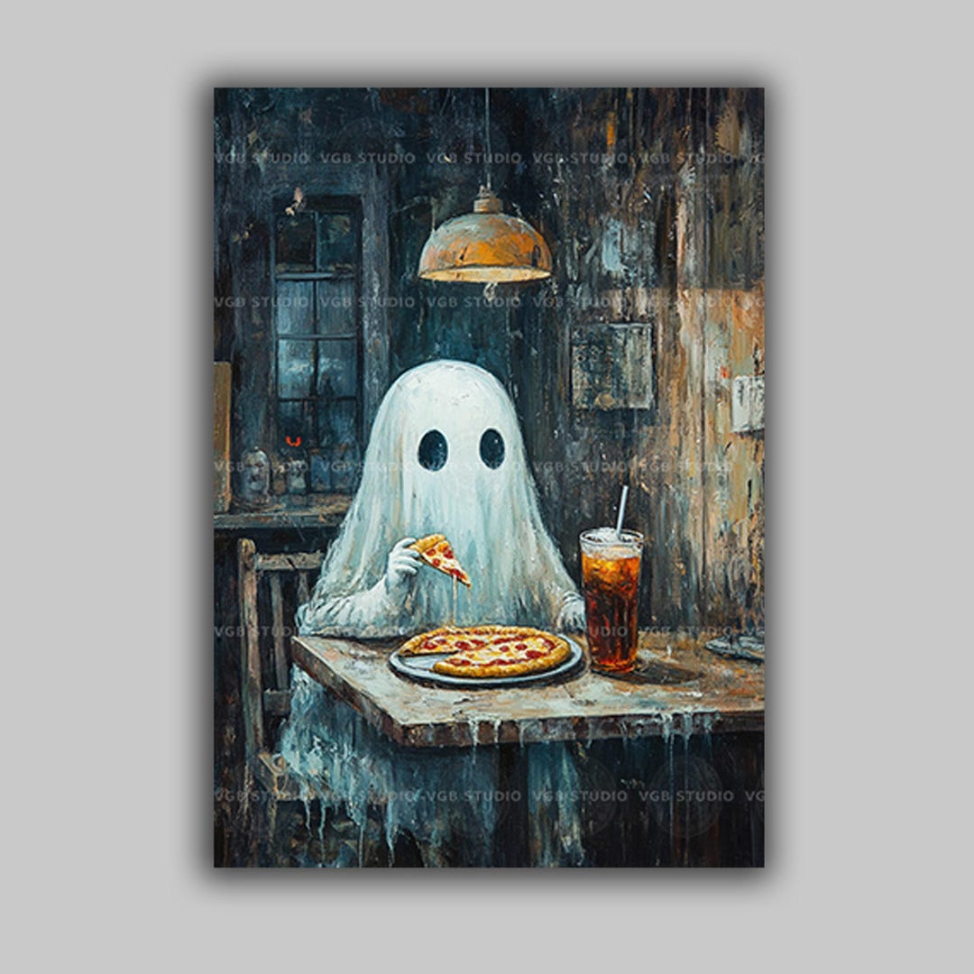 Ghost Eating Pizza Art Print | Funny Halloween Spirit With Food and ...