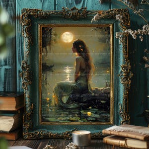 Mermaid Lagoon Dark Forest Moon Painting, Lonely Siren Wall Art, Water ...