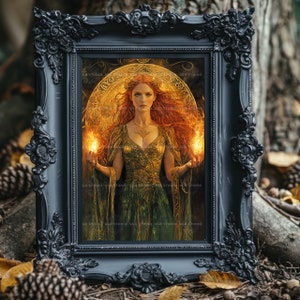 Celtic Goddess Brigid With Fiery Aura Art Print, Mystical Fire Deity Wall Art, Ethereal Fantasy ...