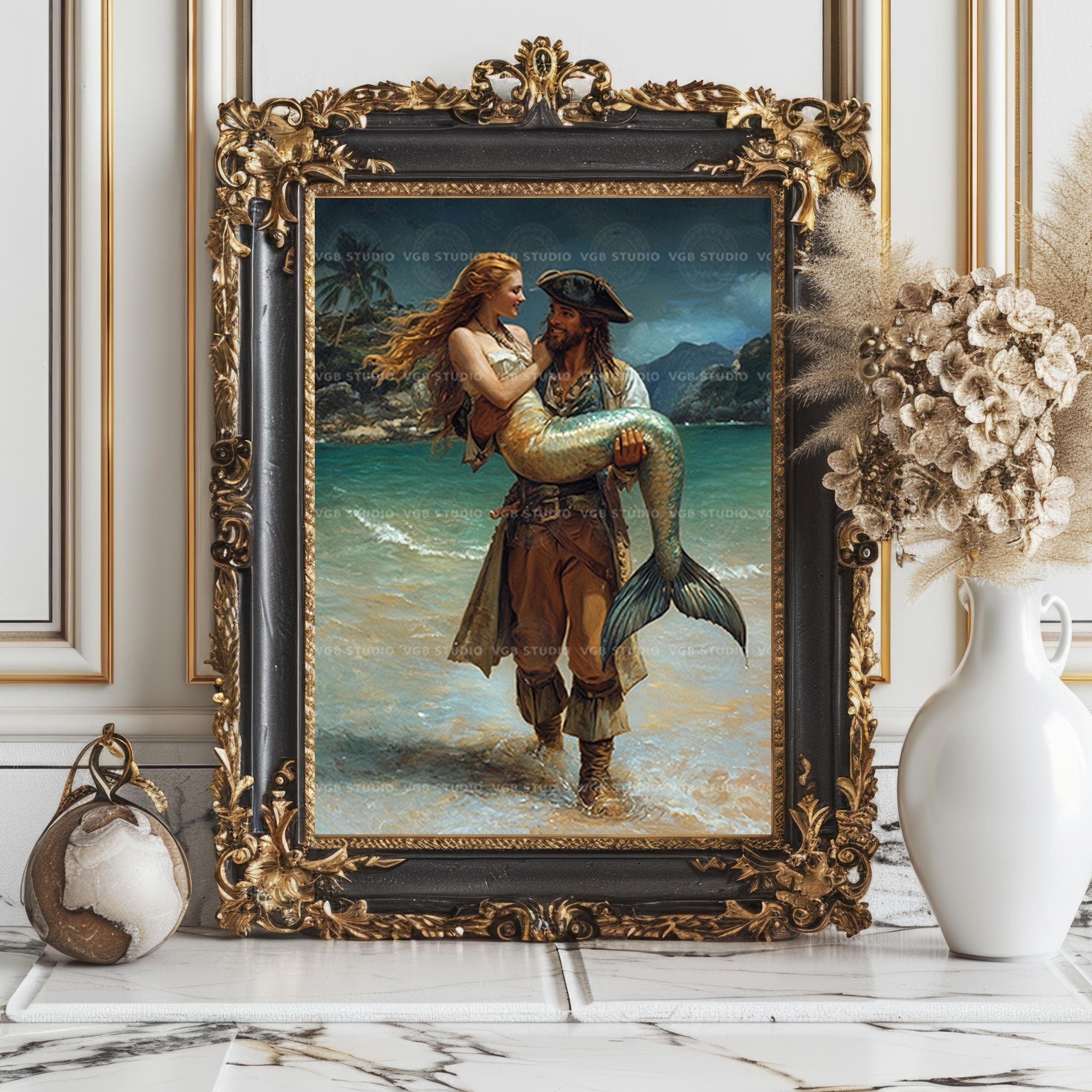Pirate Carrying Mermaid Art Print Fantasy Ocean Romance Nautical Wall ...
