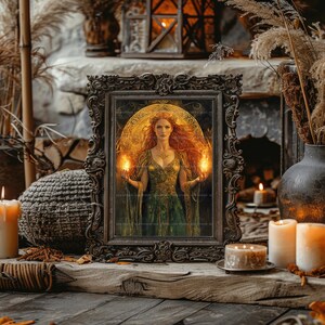 Celtic Goddess Brigid With Fiery Aura Art Print, Mystical Fire Deity Wall Art, Ethereal Fantasy ...