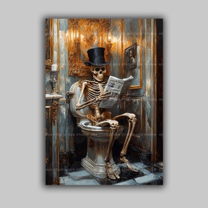 Gothic Skeleton Reading Newspaper on Toilet Print, Top Hat Skull ...
