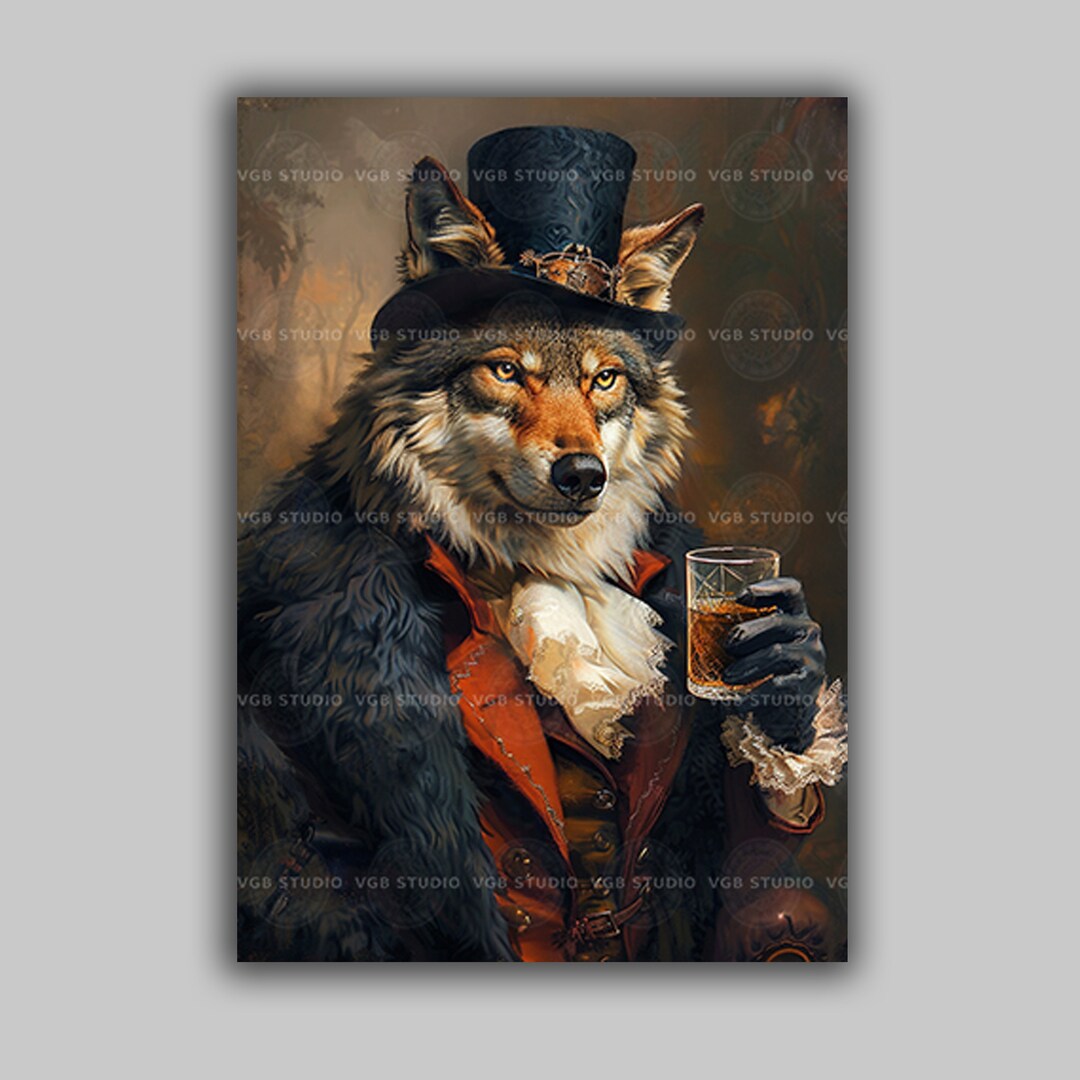 Victorian Wolf Gent Top Hat Fancy Drink Portrait Painting Print ...