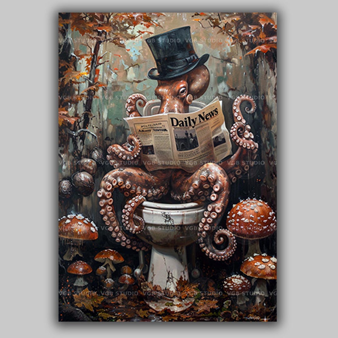 Octopus Victorian Gentleman Reading Newspaper on Toilet Whimsical Fine ...