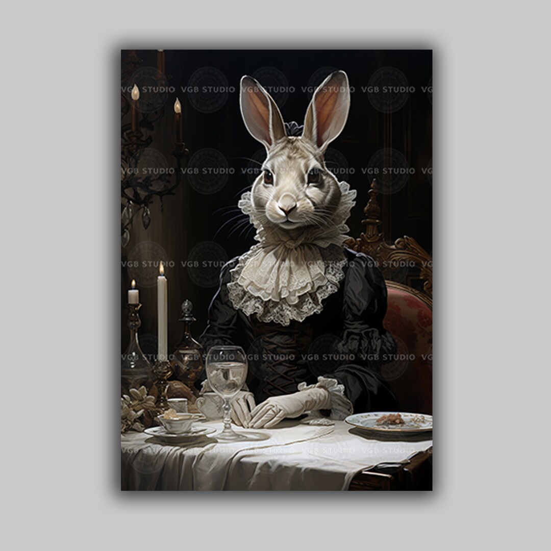Gothic Rabbit Victorian Lady Drinking Tea Print, Dark Academy Goth ...