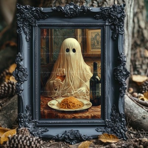 Ghost Dining With Wine and Pasta Art Print, Whimsical Haunted Dinner ...