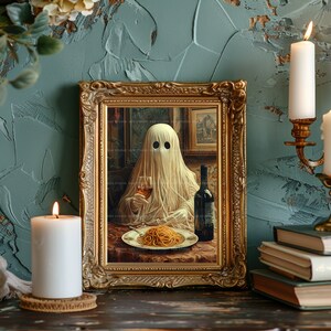 Ghost Dining With Wine and Pasta Art Print, Whimsical Haunted Dinner ...