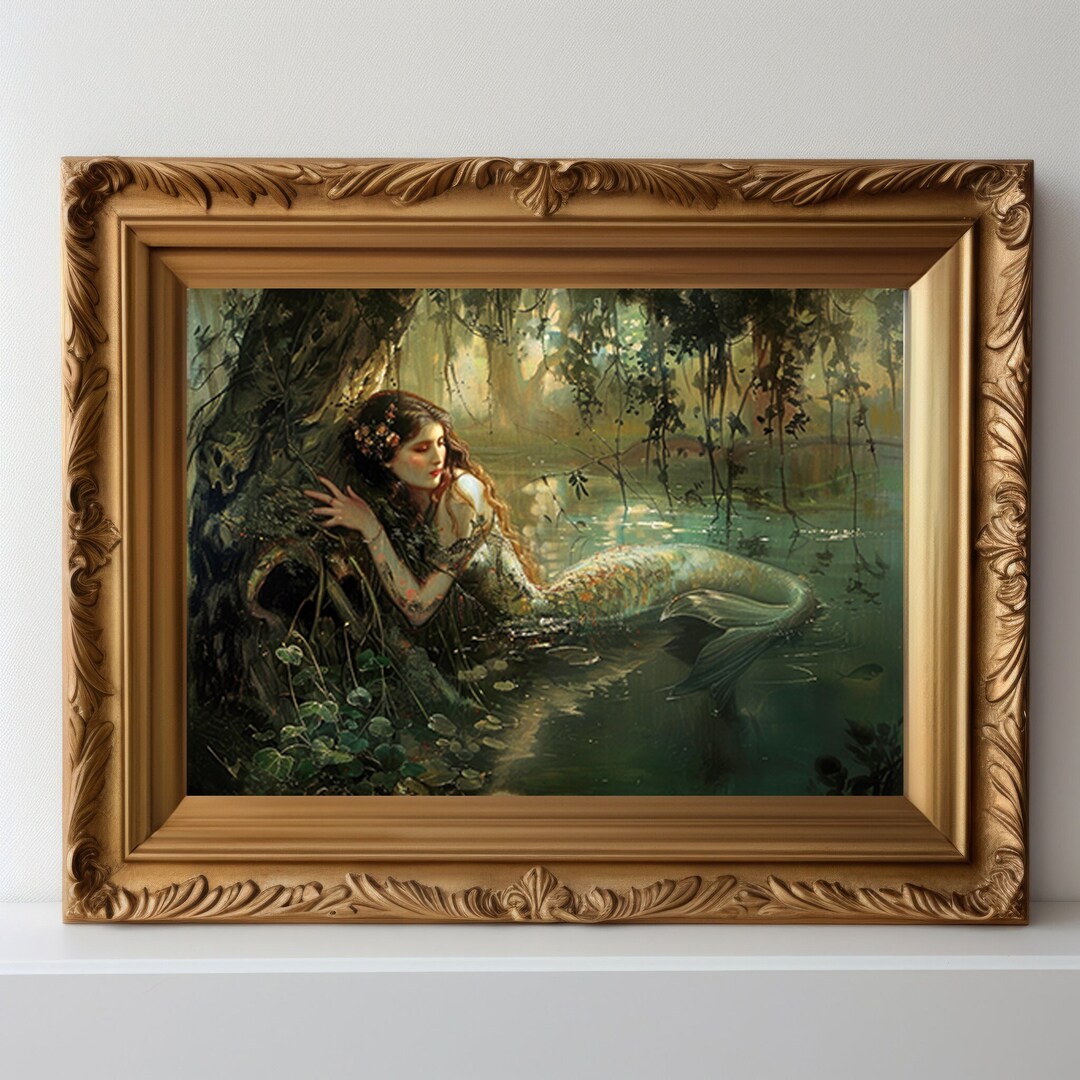 Mermaid Dark Forest Lagoon Painting, Lonely Siren Wall Art, Water Nymph ...