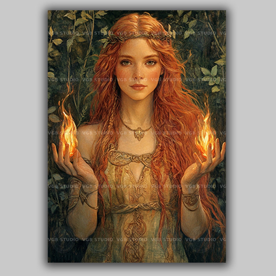 Celtic Goddess Brigid With Sacred Flames Art Print, Mystical Fire Deity ...
