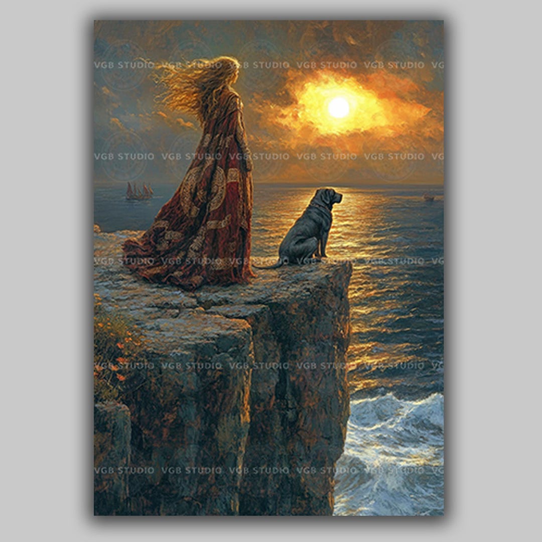Nehalennia Goddess Art Sea Deity Print Woman and Dog Sunset Cliff ...