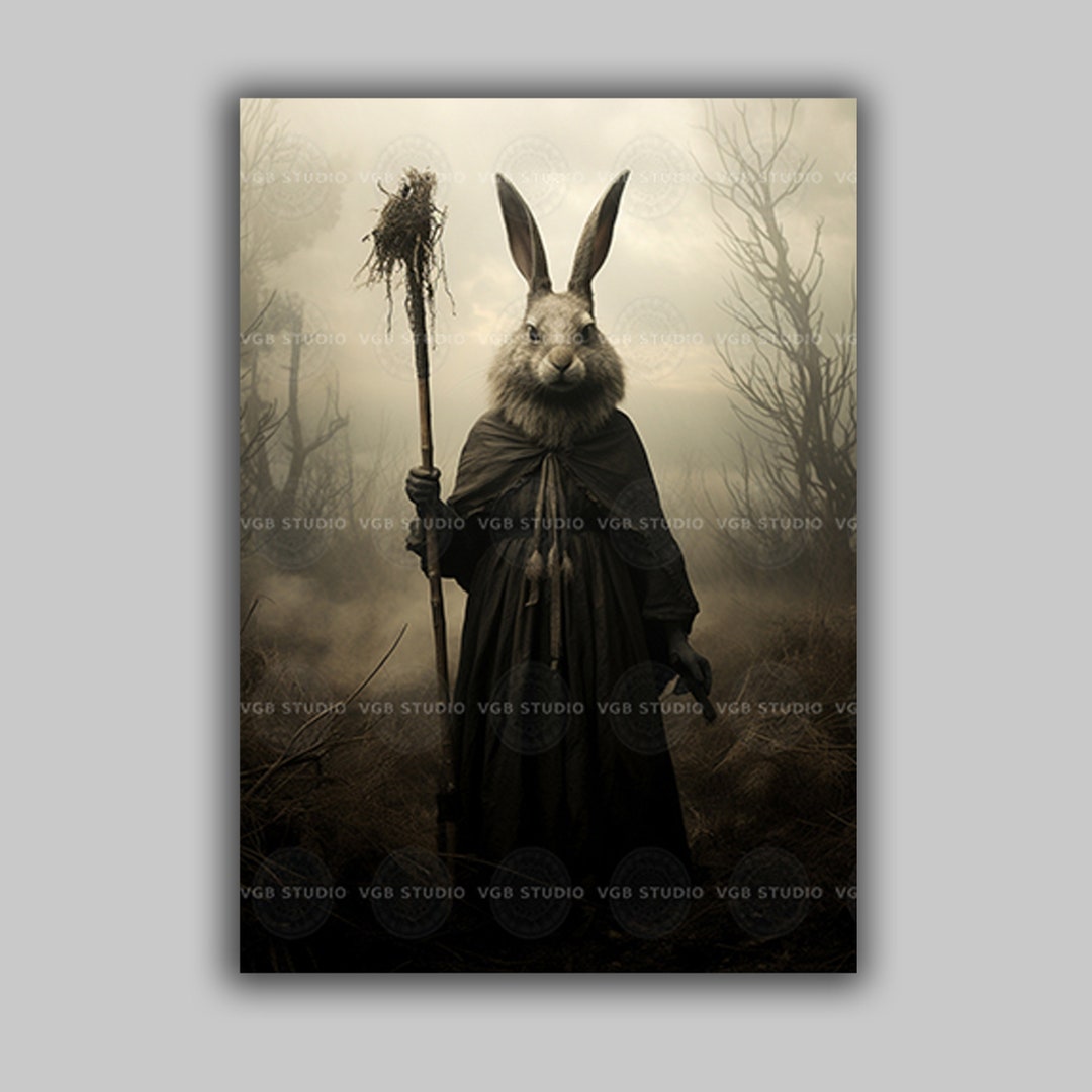 Cloaked Rabbit With Staff Art Print in Foggy Forest Wearing Witch Robe ...