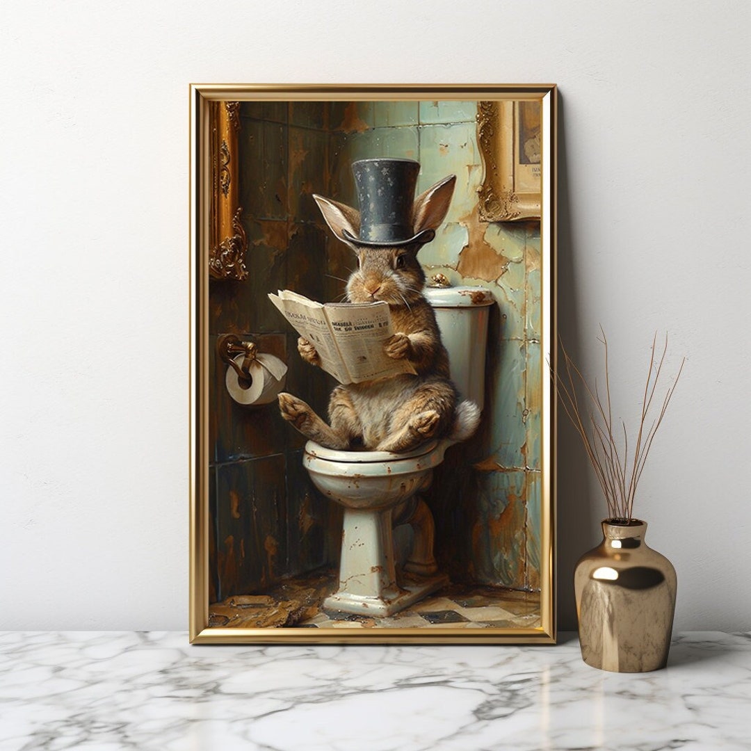 Rabbit Victorian Gentleman Hare Reading Newspaper on Toilet Whimsical ...