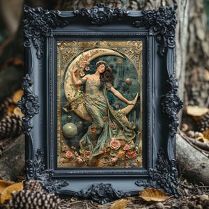 Selene Moon Greek Goddess, Art Deco Luna Baroque Painting, Celestial ...