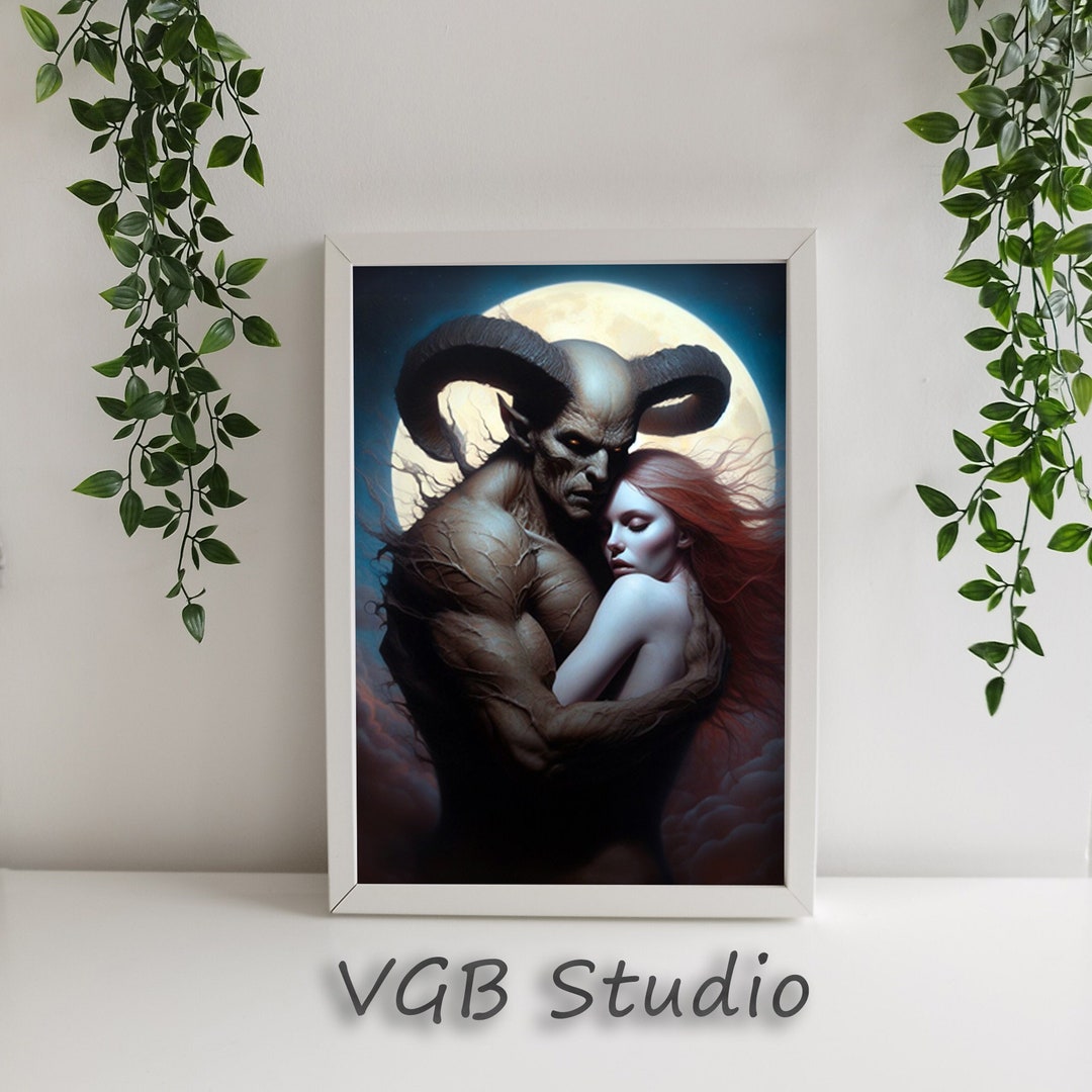 Full Moon Witch Embracing Demon Lover, Gothic Dark Forest Romantic Artwork, Forbidden Love Story ...