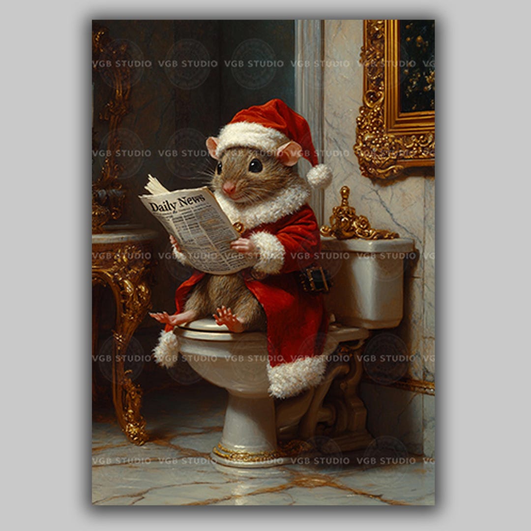 Christmas Rat Whimsical Holiday Print, Santa Mouse Reading Newspaper ...