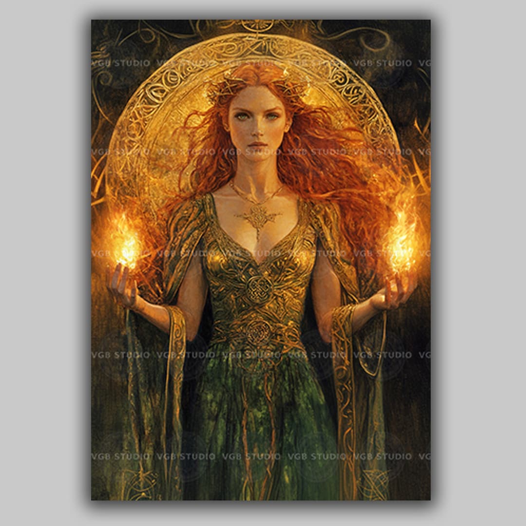 Celtic Goddess Brigid With Fiery Aura Art Print, Mystical Fire Deity ...
