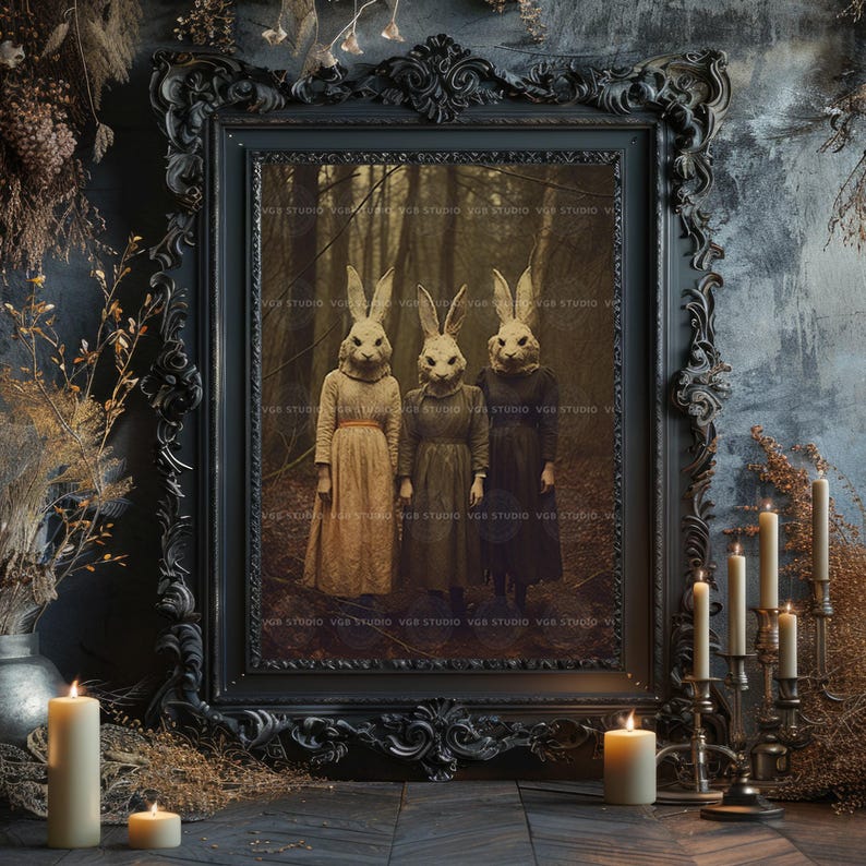 Creepy Rabbit Cult Art Print Gothic Forest Folklore Surreal Animal Wall ...