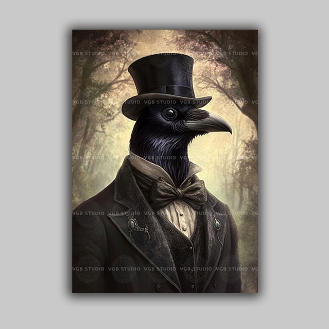 Victorian Raven Gentleman Whimsical Black Bird Portrait, Gothic Fantasy ...