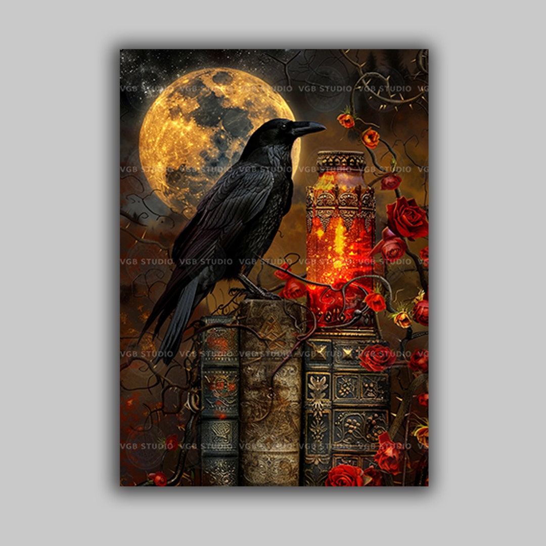 Crow Full Moon Raven Dark Forest Gothic Midnight Print, Mystic Books ...