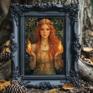Celtic Goddess Brigid With Sacred Flames Art Print, Mystical Fire Deity ...