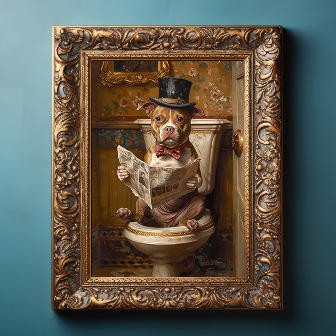 Pitbull Dog Victorian Gentleman Reading Newspaper on Toilet Whimsical ...