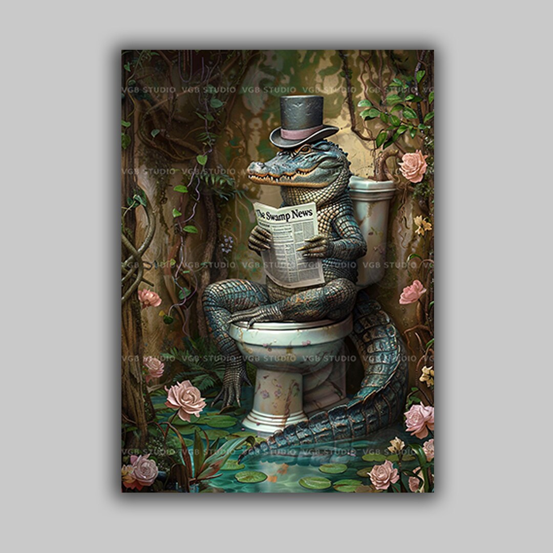 Alligator Victorian Gentleman Crocodile Reading Newspaper on Toilet ...