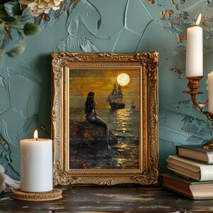 Beautiful Mermaid Contemplating Sunset Painting, Siren Baroque Art ...