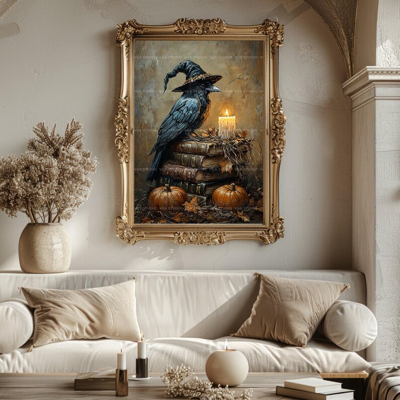 Crow in Witch Hat Halloween Art Print | Raven on Books With Pumpkins ...