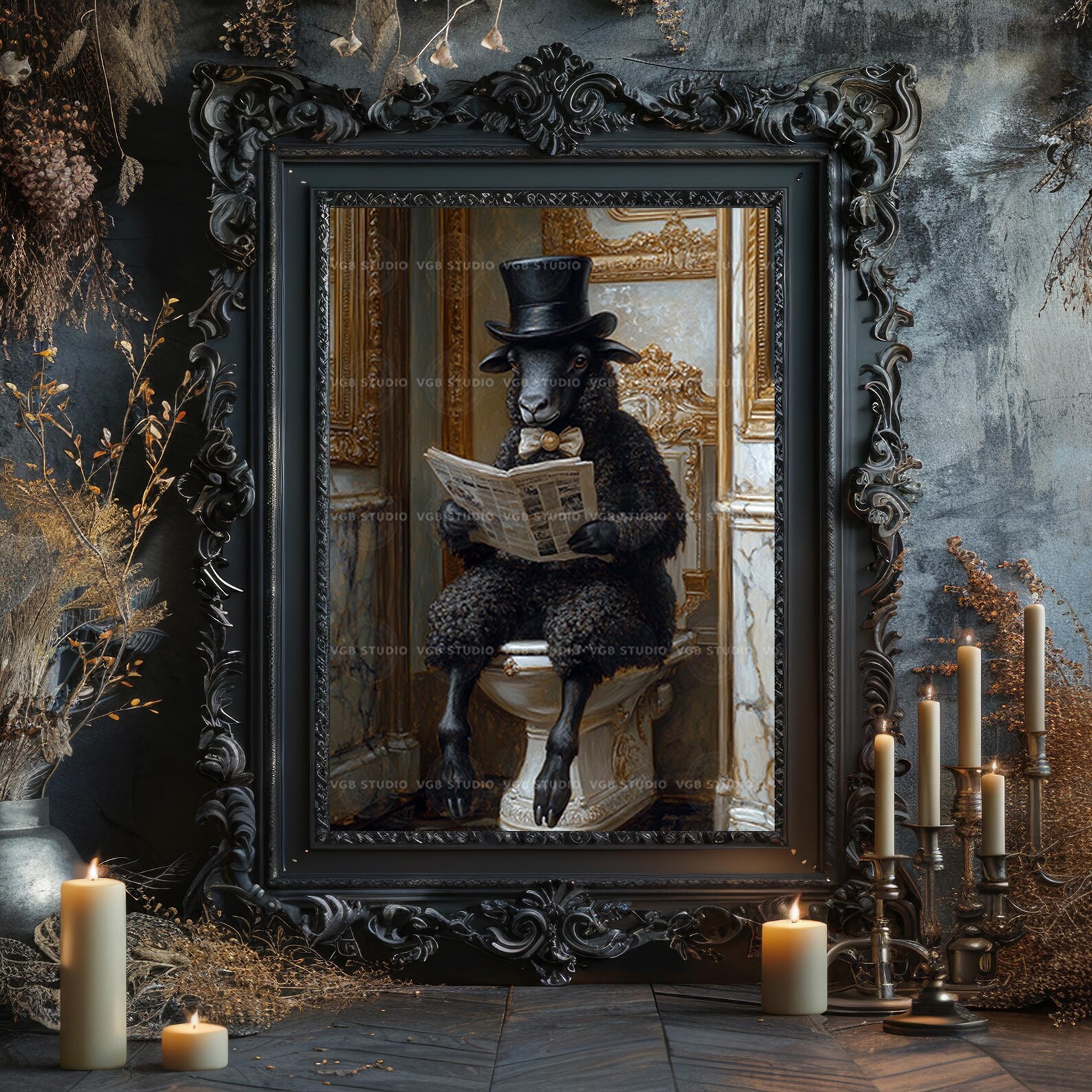 Black Sheep Gentleman Reading Newspaper on Toilet Whimsical Fine Art ...
