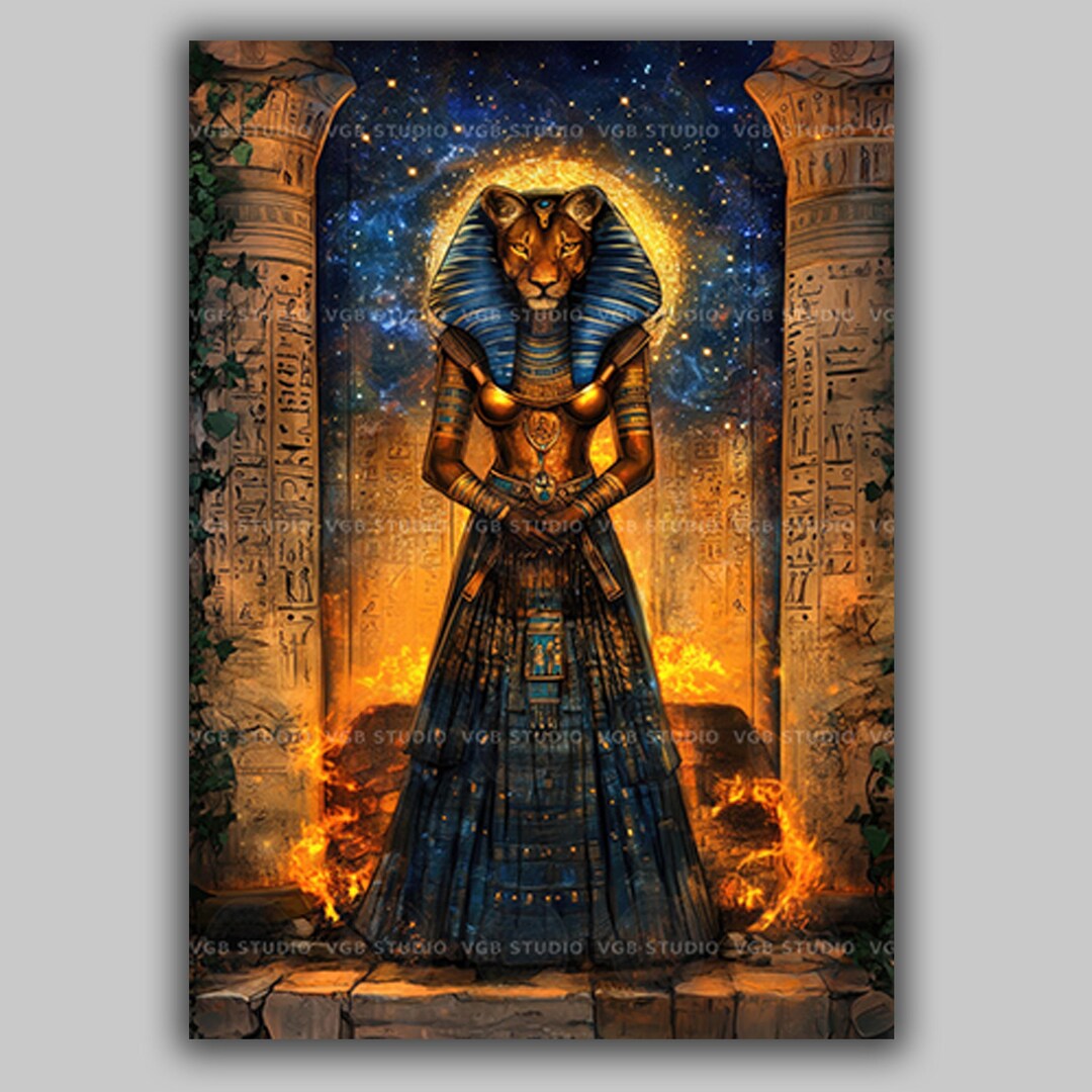 Sekhmet Wall Art Print Egyptian Lioness Goddess Sun Fire Magic Blue Gold Cosmic Throne Ancient ...