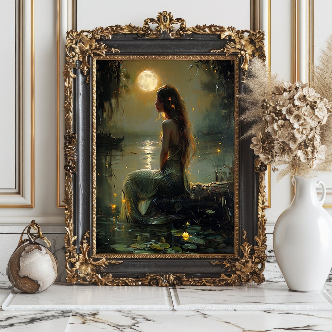 Mermaid Lagoon Dark Forest Moon Painting, Lonely Siren Wall Art, Water ...