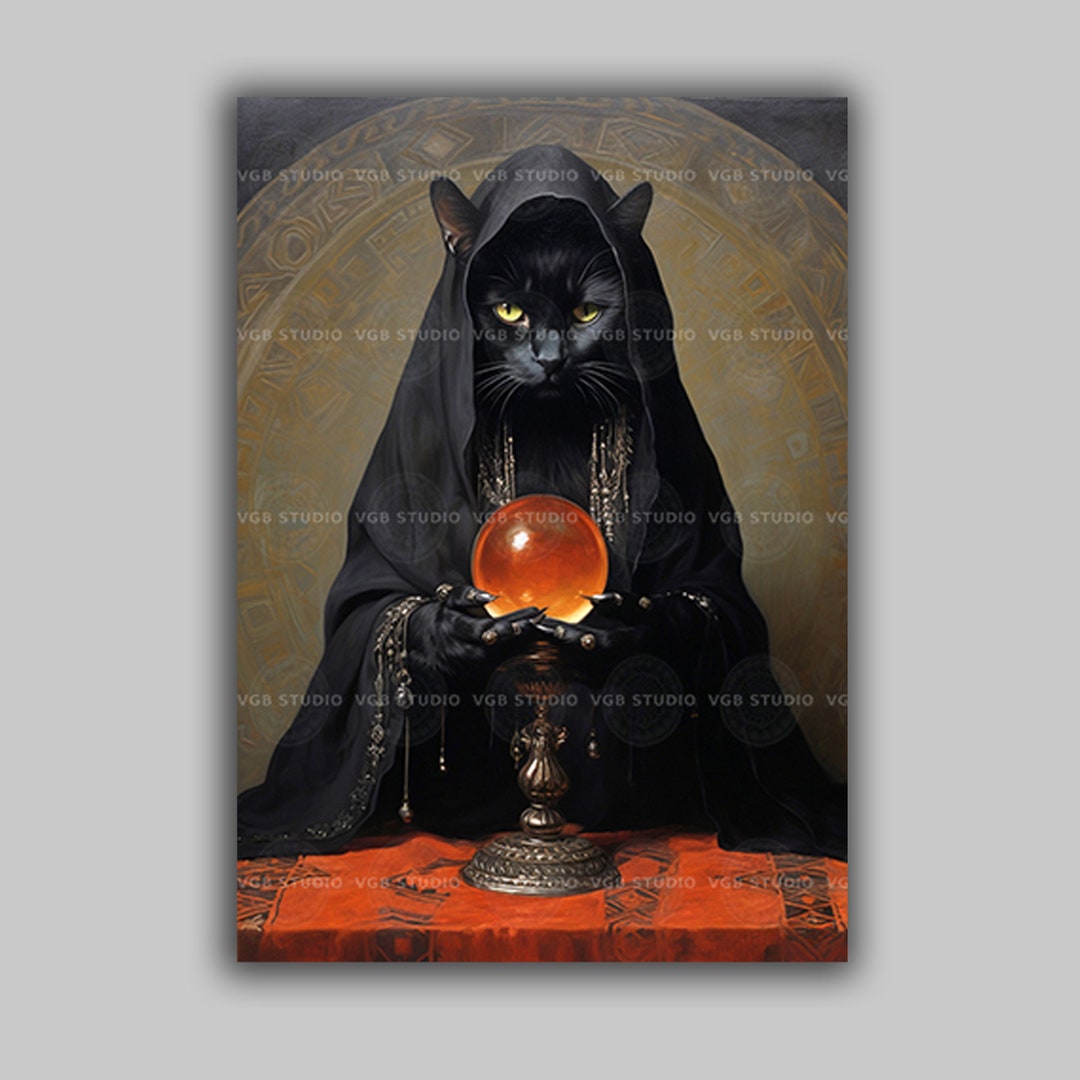 Mystic Black Cat Art Print Fortune Teller Crystal Ball Gothic Familiar ...
