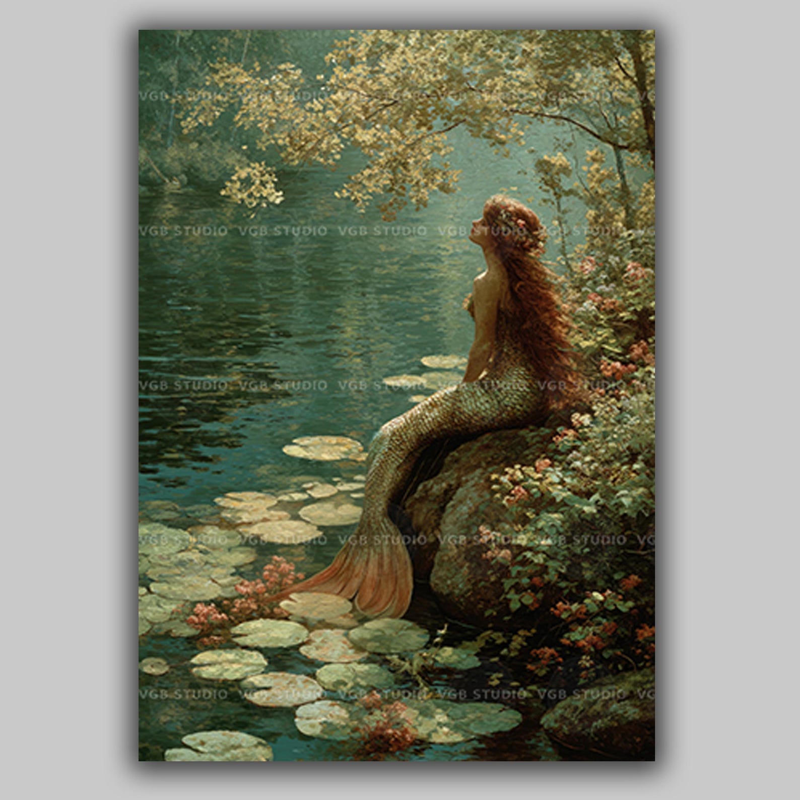 Mermaid Lake Forest Fantasy Wall Art Print Vintage Gothic Dark Academia ...