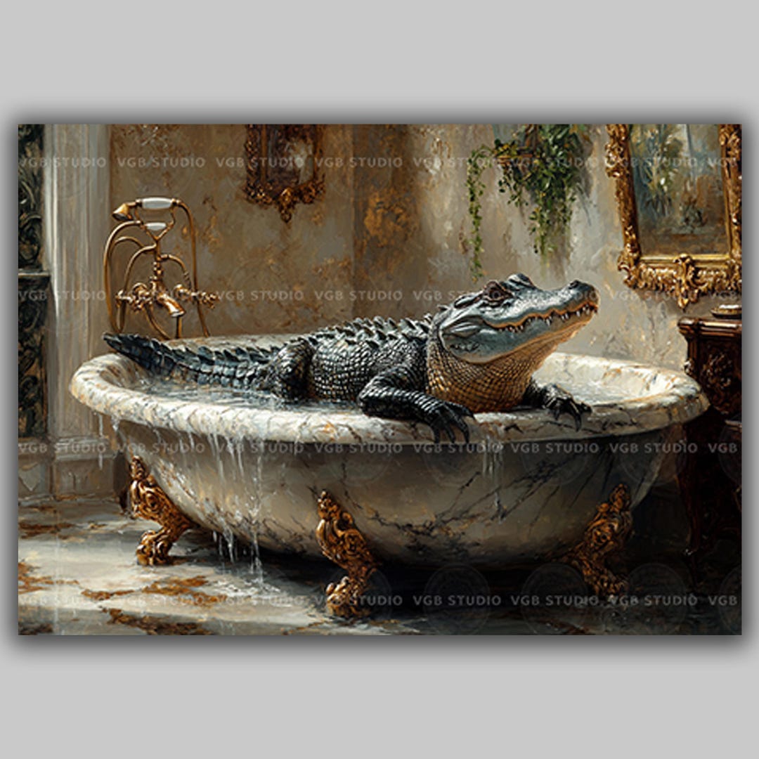 Funny Alligator in Marble Bathtub Art Print, Quirky Animal Bathroom ...