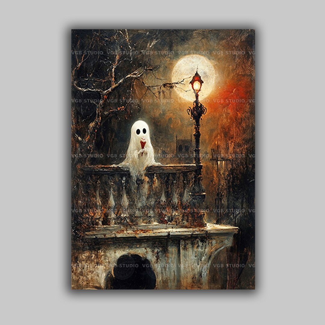 Whimsigoth Ghost Eating Ice Cream Cone Under Full Moon Painting Giclee ...