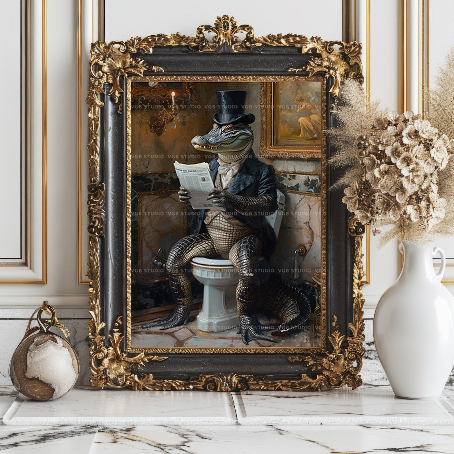 Alligator Reading Toilet Victorian Gentleman, Crocodile Baroque Poster ...
