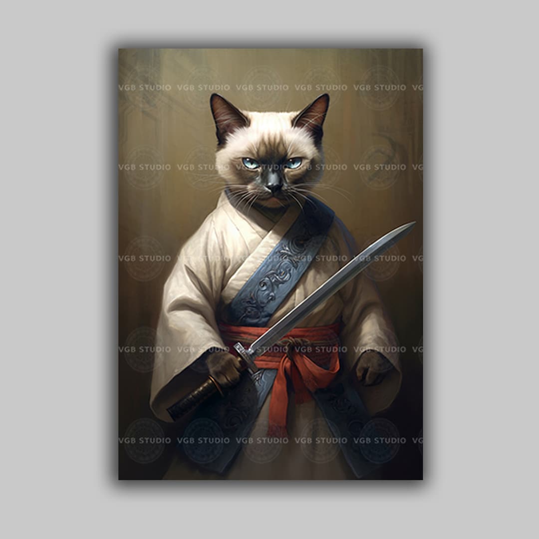 Samurai Cat Art Print Japanese Warrior Cat Wall Decor Martial Arts ...