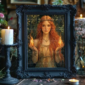 Celtic Goddess Brigid With Sacred Flames Art Print, Mystical Fire Deity ...