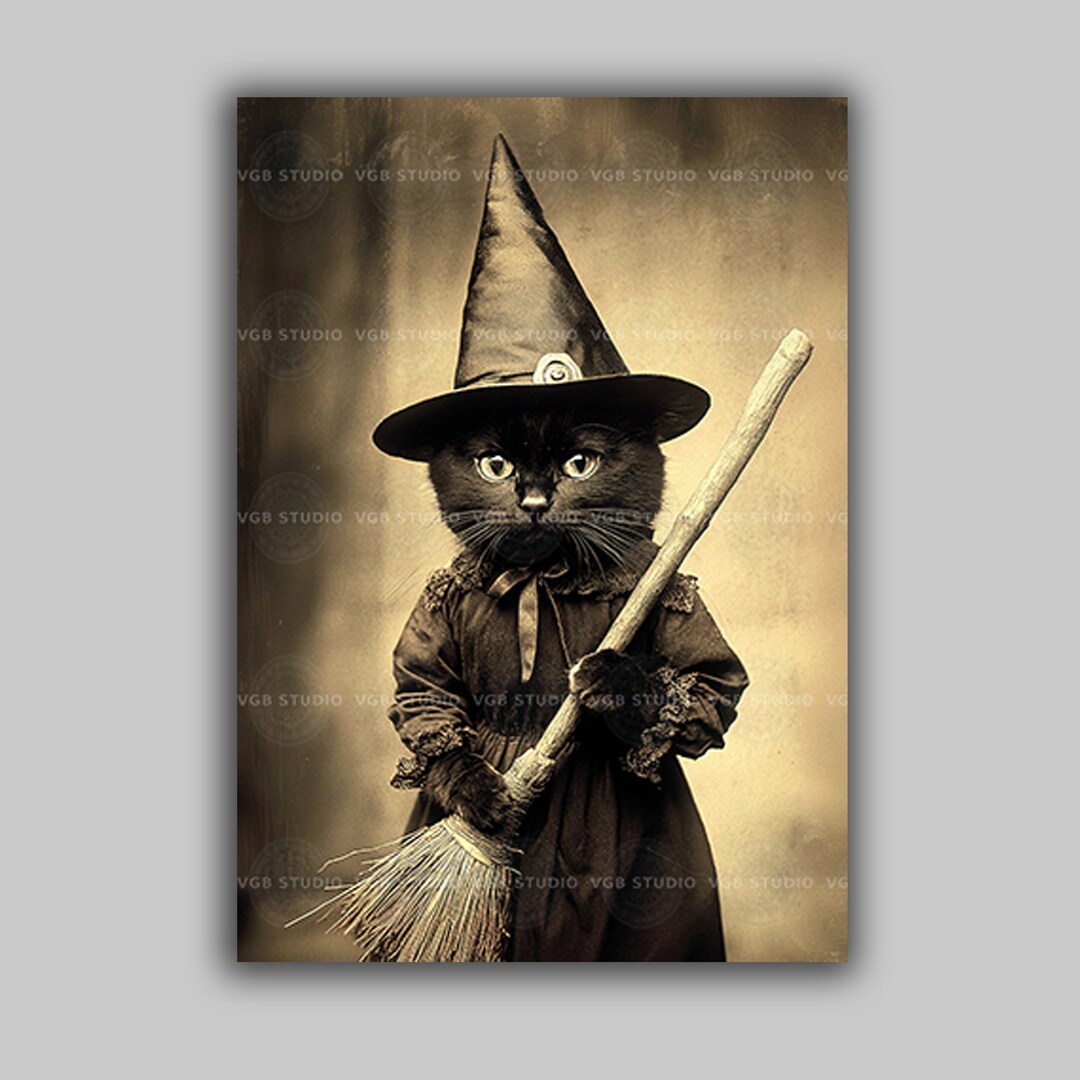 Charming Black Cat Witch With Broom Art Print, Whimsical Witchcraft ...
