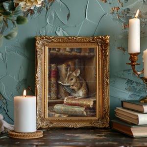 Mouse Reading Book Antique Old Library Print, Bookish Animal Whimsical ...