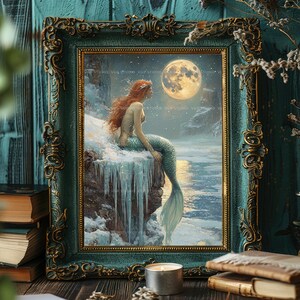 Winter Mermaid Art Print Icy Ocean Fantasy With Redhead Siren and Full ...