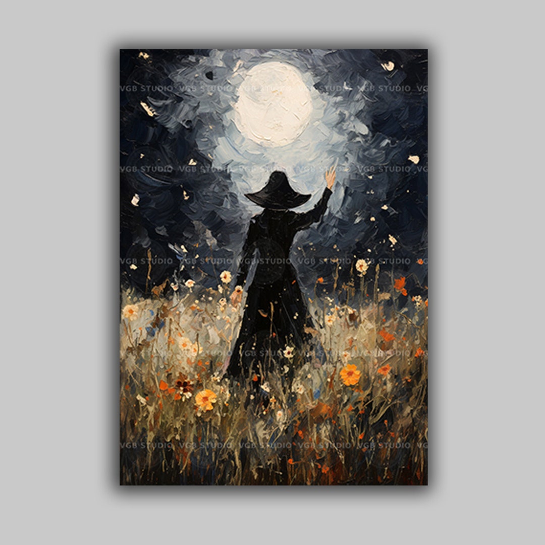 Witch Flower Field Moon Night Witchcraft Print, Full Moon Witchcraft ...